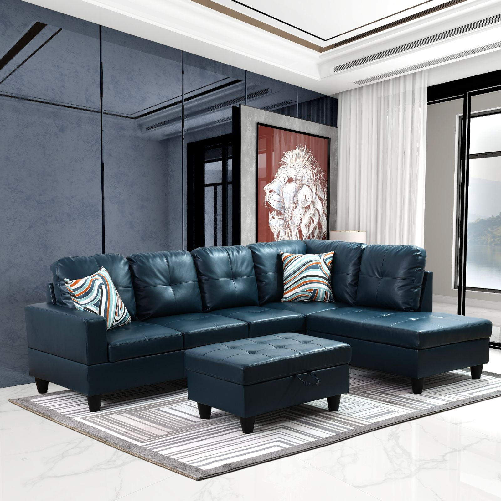 Blue leather couch set store