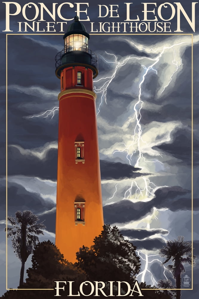 Ponce De Leon Inlet Lighthouse, Florida, Lightning at Night (12x18 Wall ...