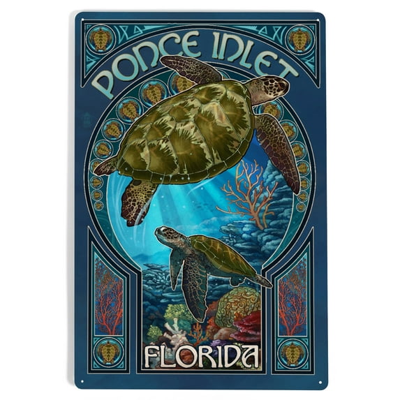Ponce Inlet, Florida, Sea Turtle Art Nouveau (12x18 Aluminum Art ...