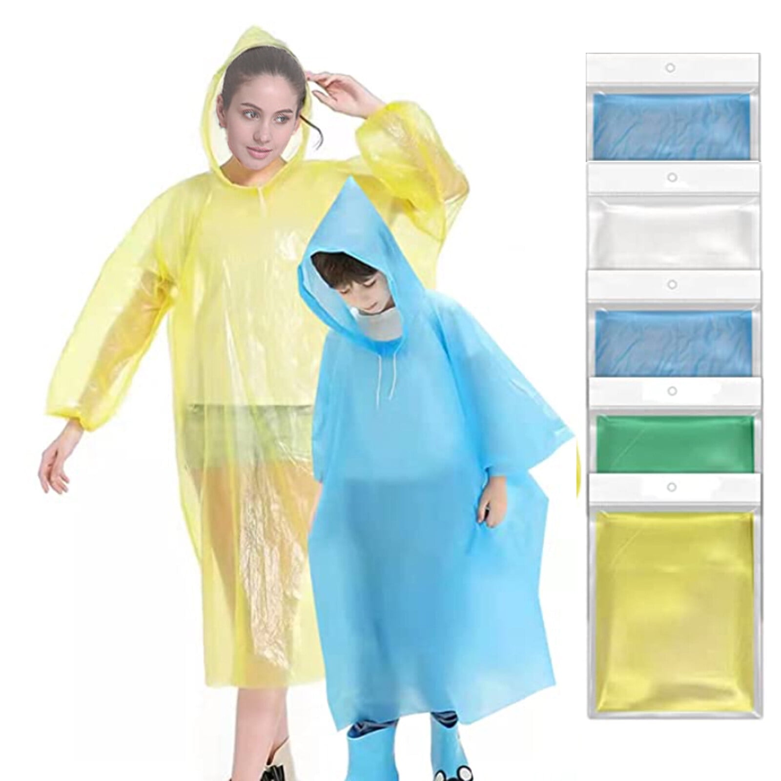 Ponchos Family Pack, Rain Poncho for Adults and Kids (5 Pack 4 Colors) Disposable or Reusable ...