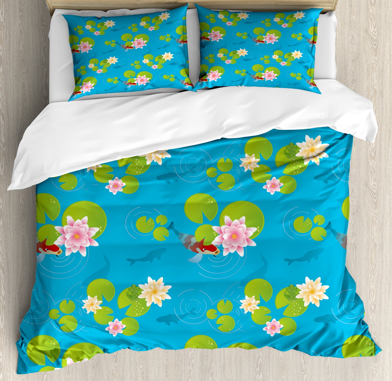 Pond Duvet Cover Set, Pattern of Koi Fishes and Frogs Swimming with ...