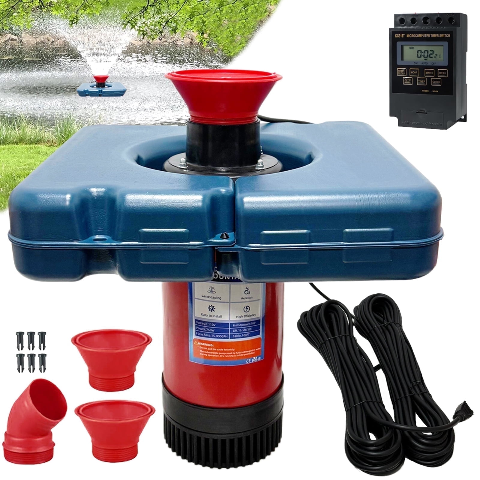 Pond Fountain Aerator, 1HP 15000 GPH Pond Aerator 750W, with 100 Feet ...