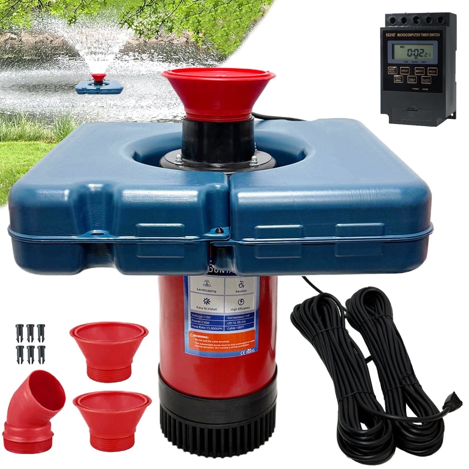 Pond Fountain Aerator, 1HP 15000 GPH Pond Aerator 750W, with 100 Feet ...
