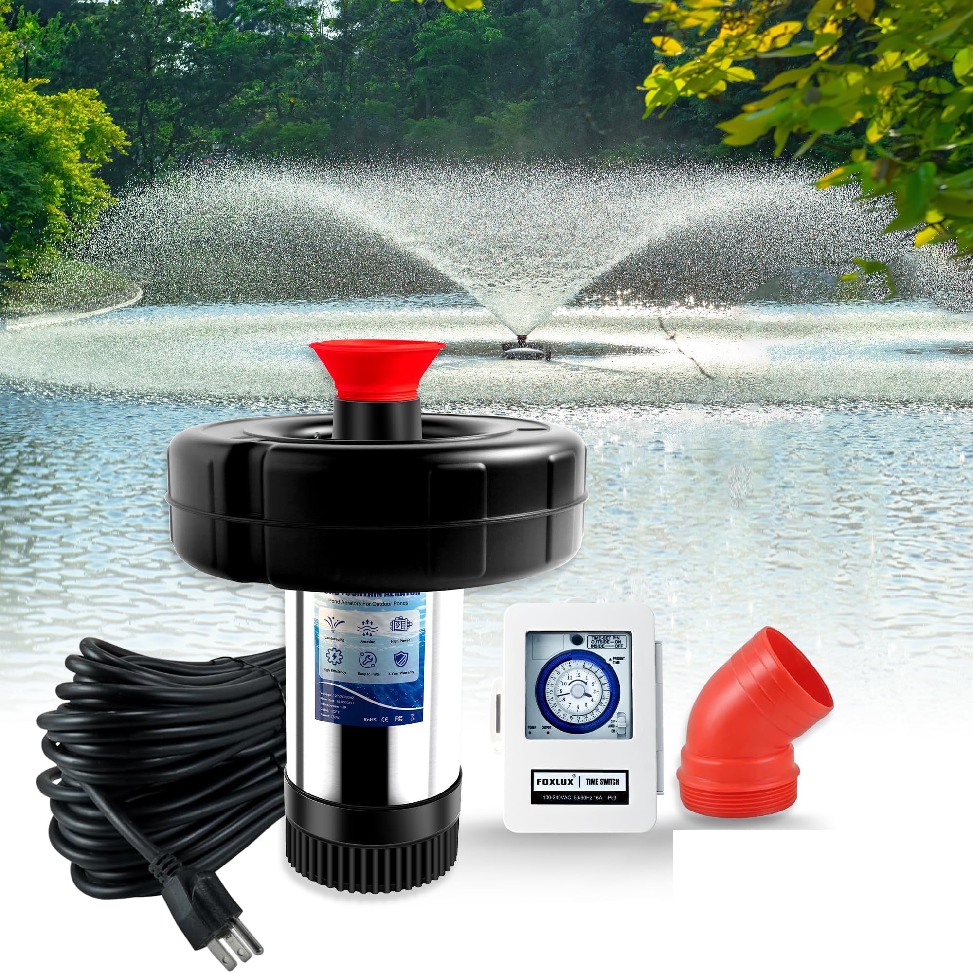 Foxlux Pond Fountain Aerator, 750W 1HP Pump, 15,000 GPH Floating ...