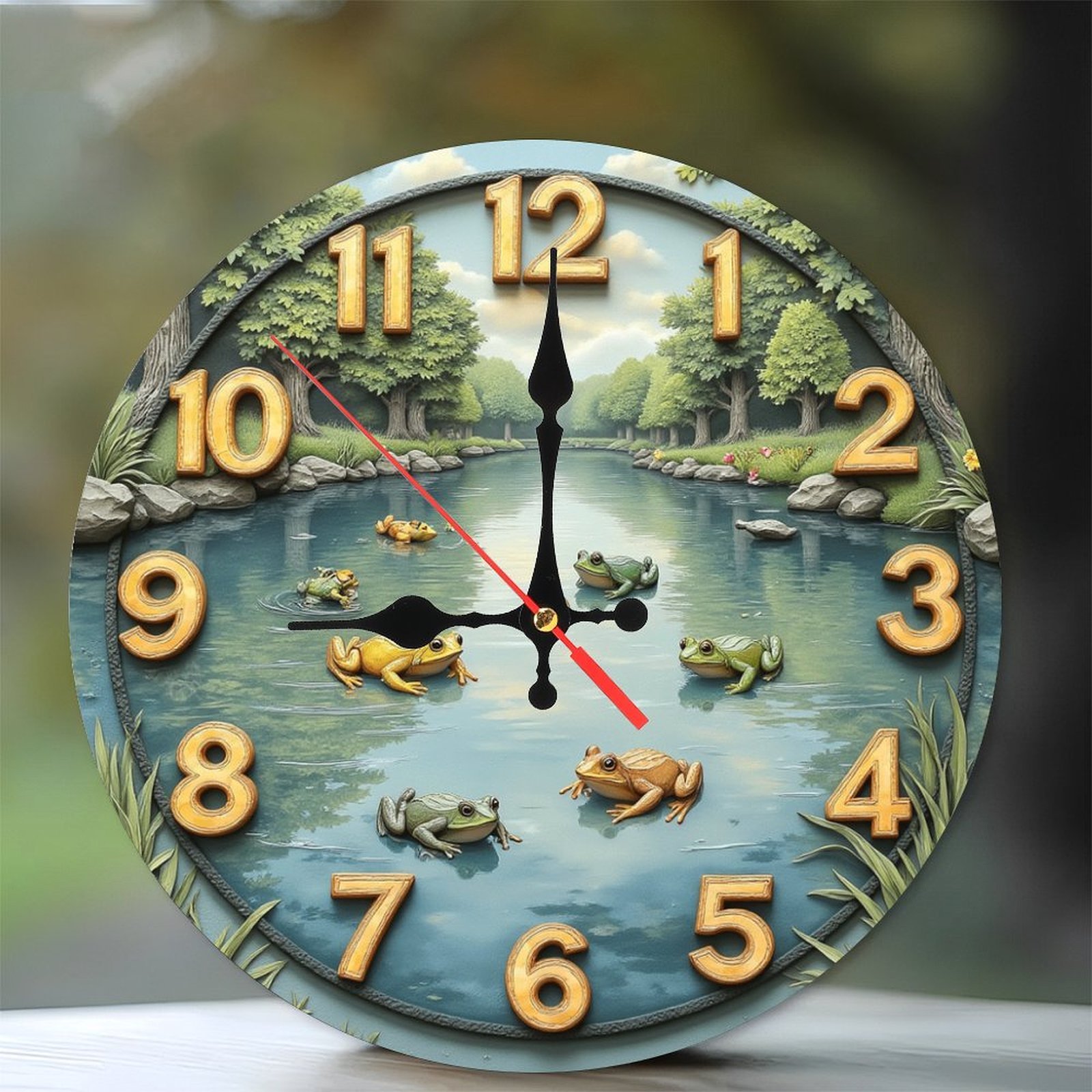 Pond Frog Wall Clock Scenic Lakeside Amphibian Timepiece 10-Inch Silent ...