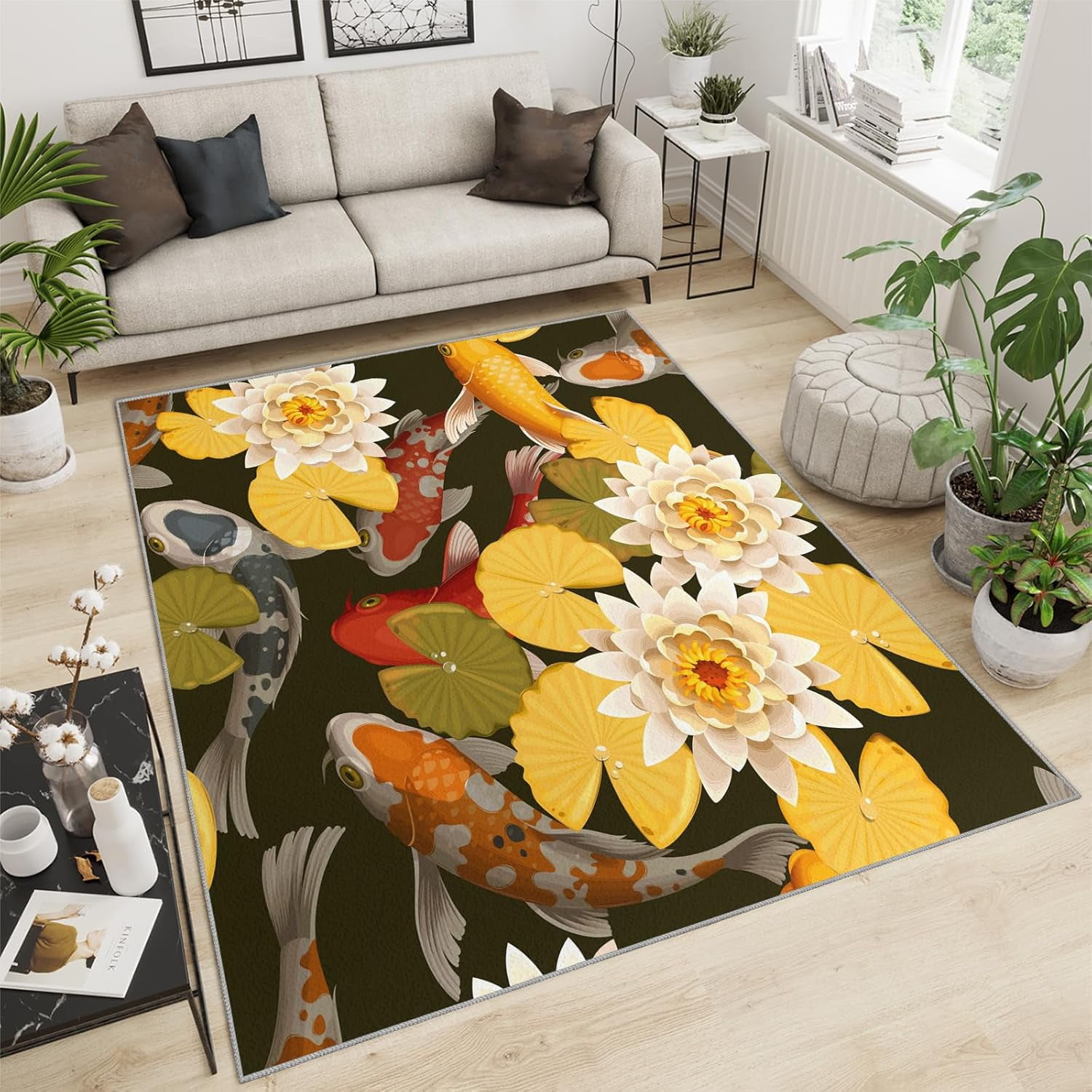 Pond Koi Rug Area Rugs White Lotus Carpet 3D Colorful Koi Fish Rug Pad ...
