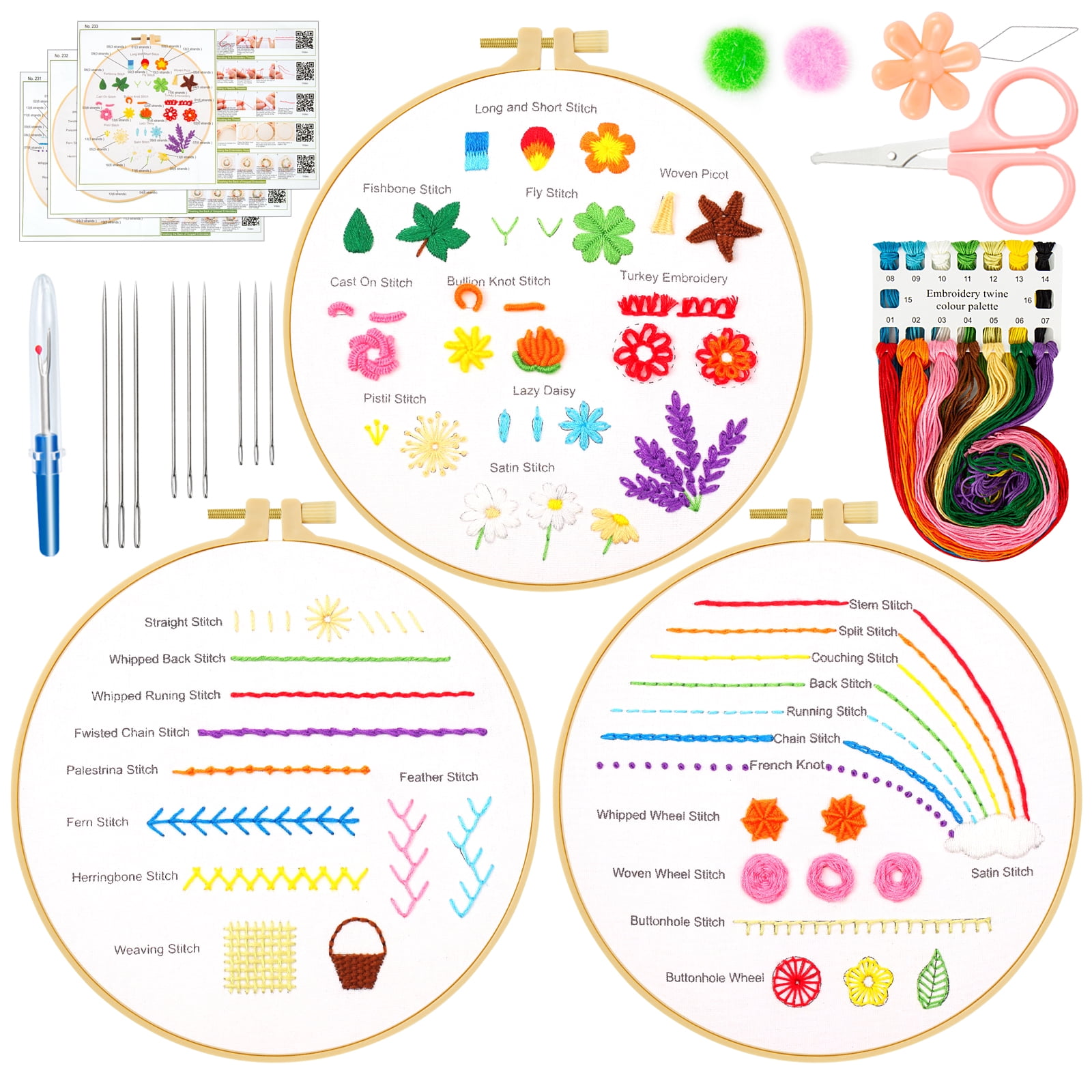 Ponpon 3 Sets Embroidery Kit for Beginners, Sewing Cross Stitch Kits ...