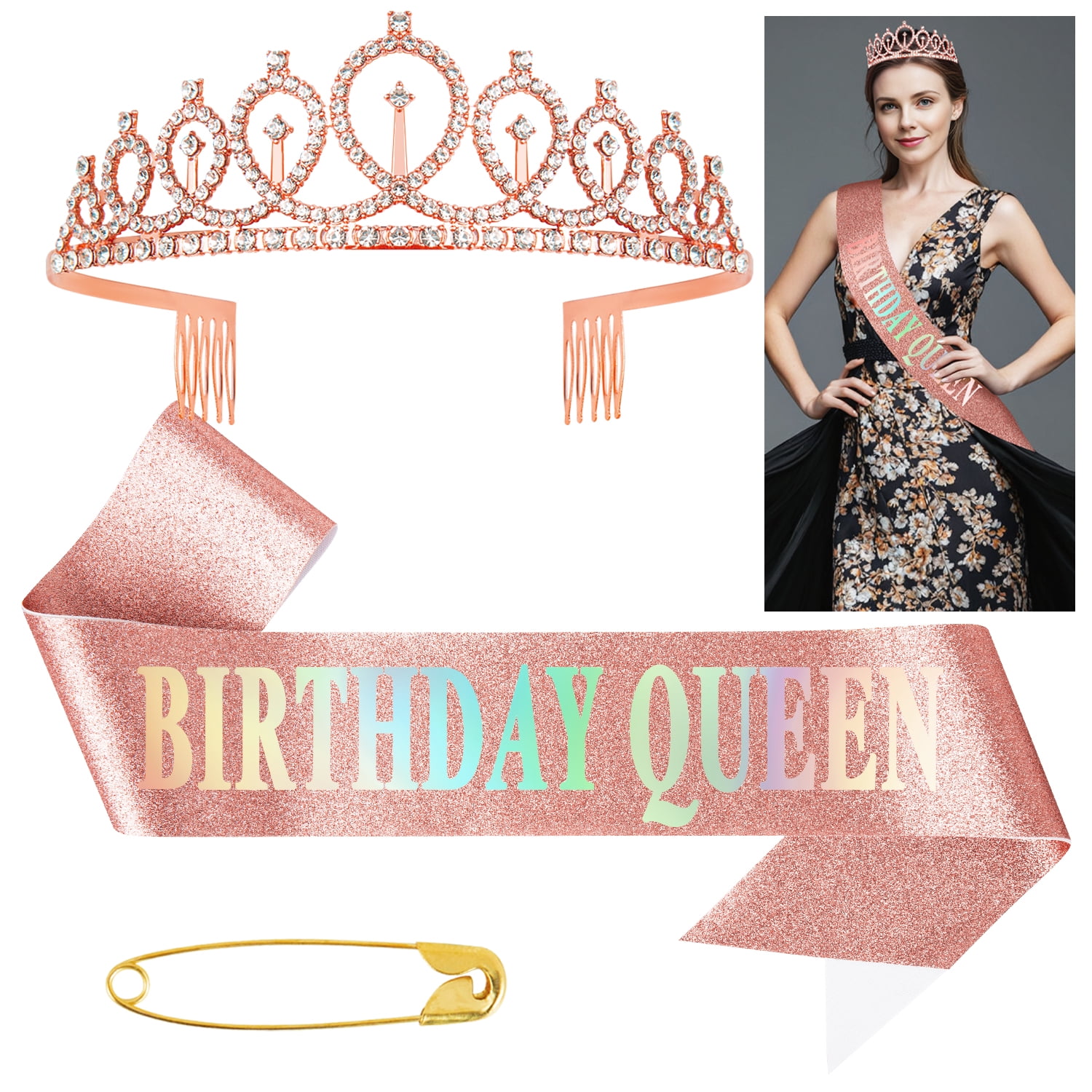 Ponpon Birthday-Queen Sash and Tiara Crown Set, Sparkling Crown with ...
