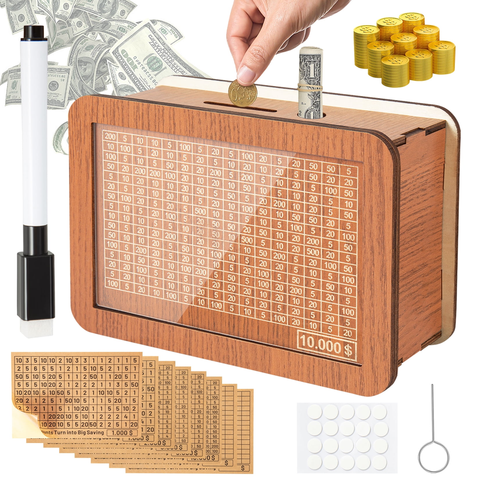 Ponpon Money Saving Box, Cash Vault Wooden Savings Box 10,000 Dollar ...