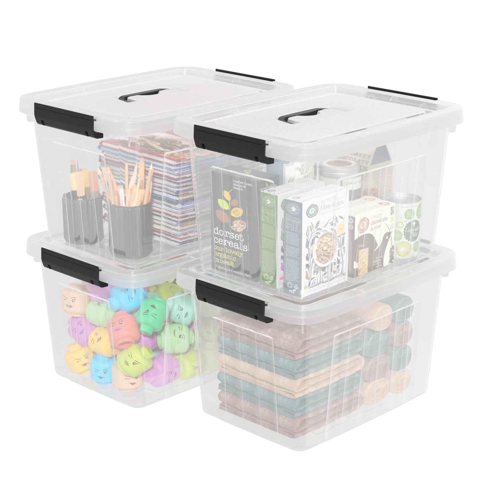 Ponpong 18L Large Plastic Storage Box, Clear Plastic Latch Box, 4 Pack ...