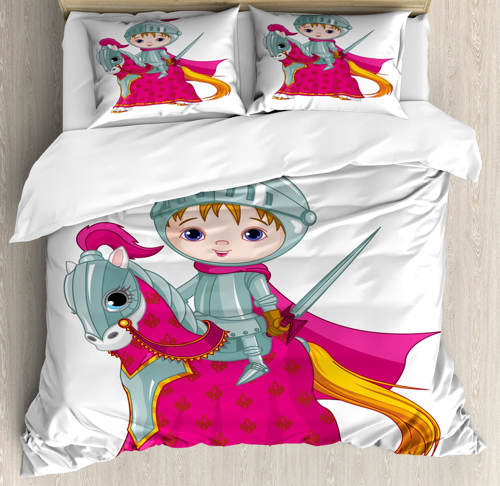 Pony Duvet Cover Set, Cartoon Illustration of Knight on a Big Eyed ...
