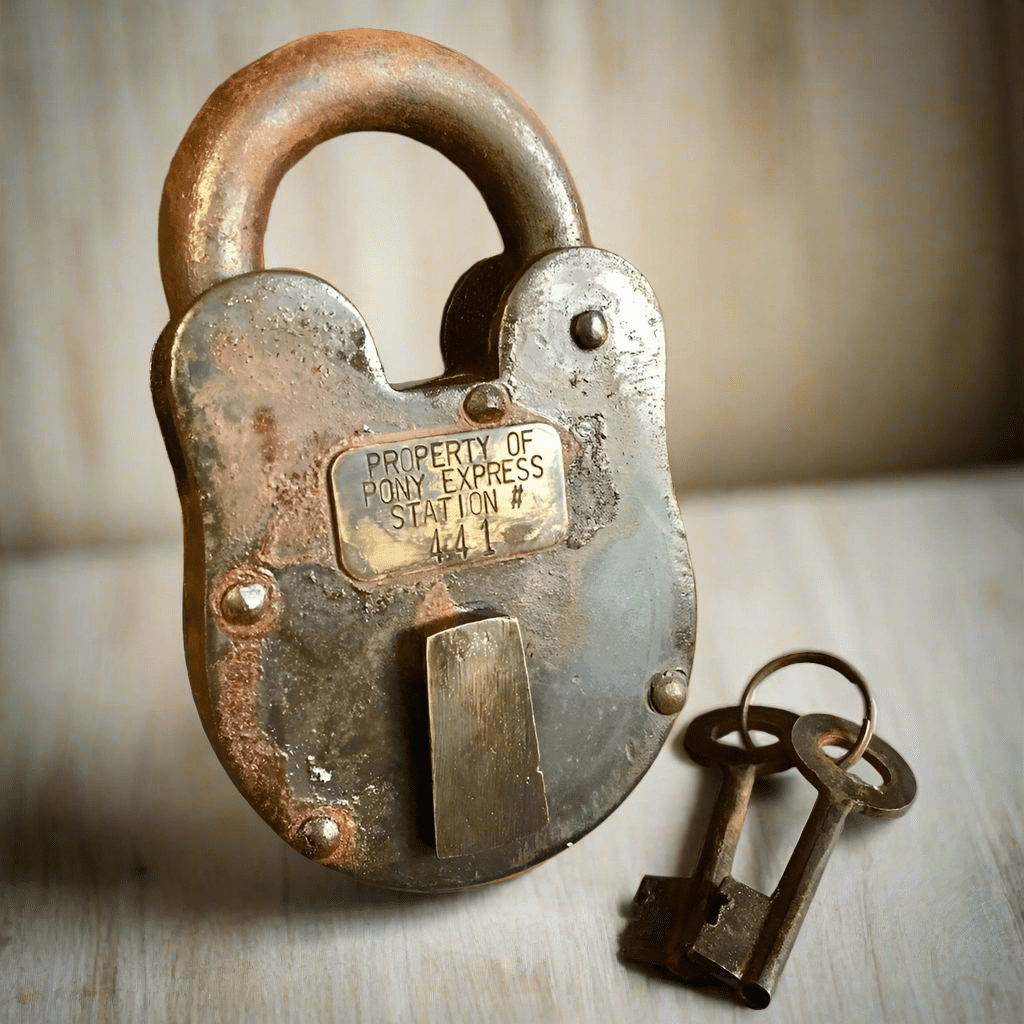 Pony Express Cast Iron Lock With Brass Tag & Antique Finish (3" x 5 ...