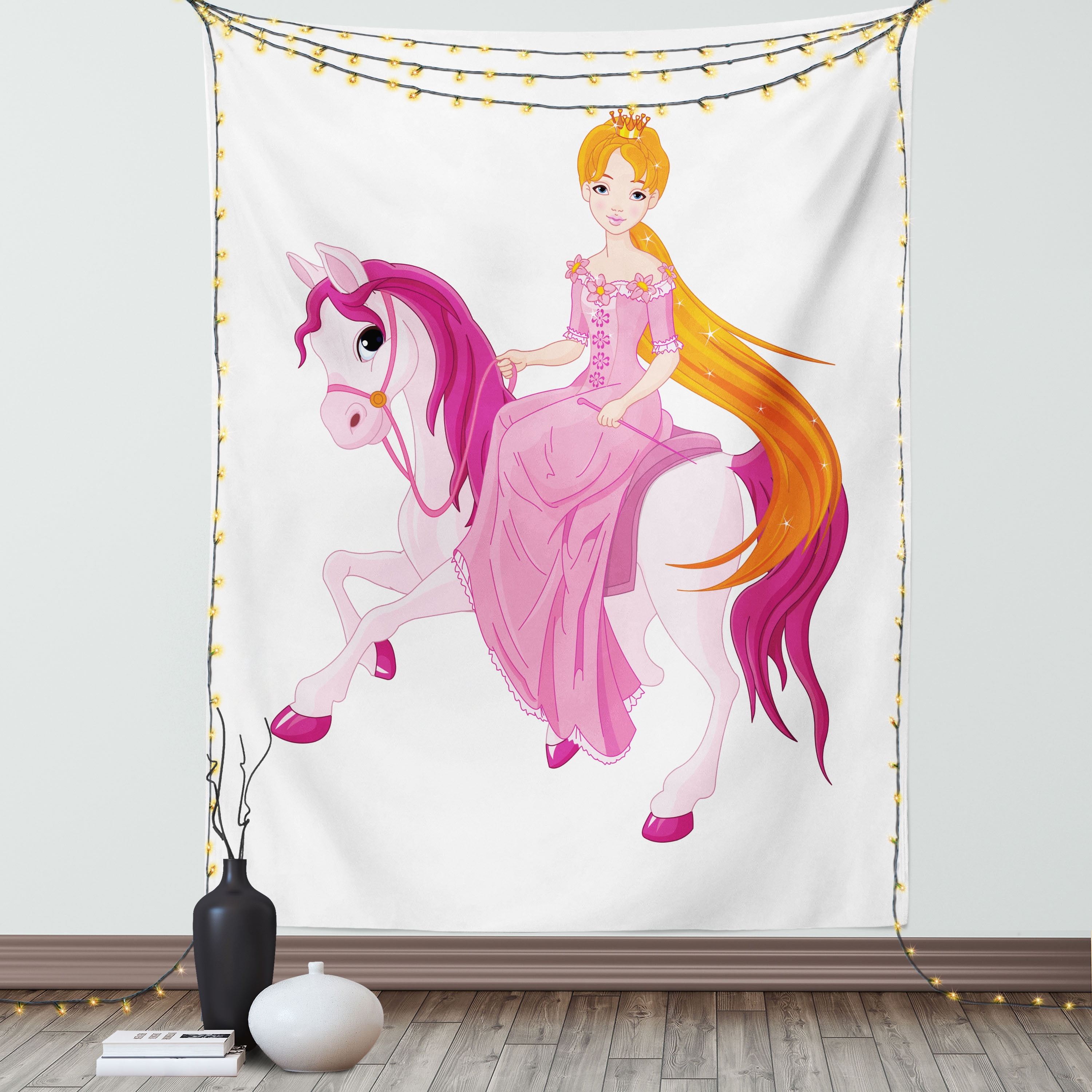 Pony Tapestry, Princess Sitting on a Horse with Pinkish Mane Childish ...