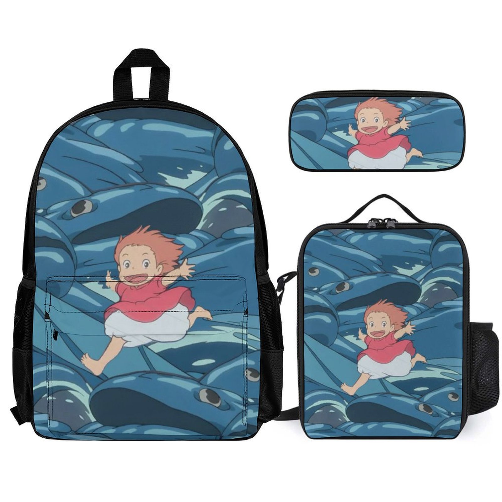 Ponyo Backpack 3 Piece Set Combination, Lunch Bag Pencil Bag Shoulder ...