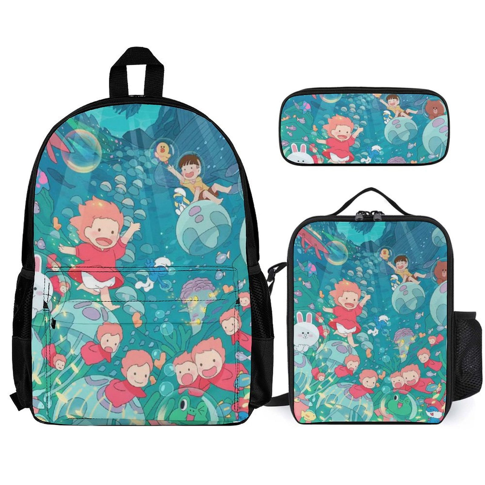 Ponyo Backpack 3 Piece Set Combination, Lunch Bag Pencil Bag Shoulder ...
