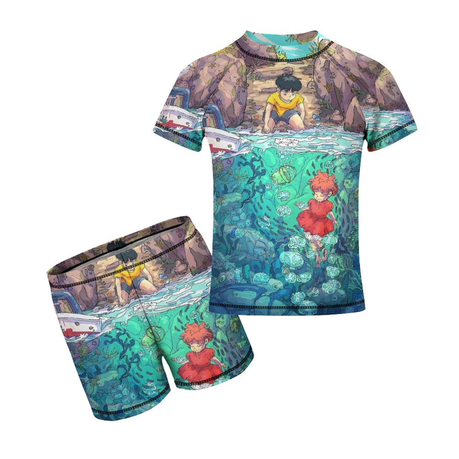 Ponyo Rash Guard Set 2 Piece Short Sleeve Swim Shirts with Trunks Quick ...