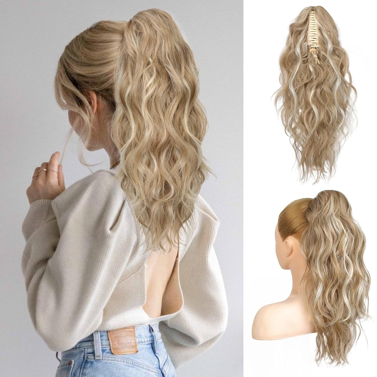 Ponytail Extension, 18 Inch Claw Clip Ponytail Extension, Wavy Curly ...