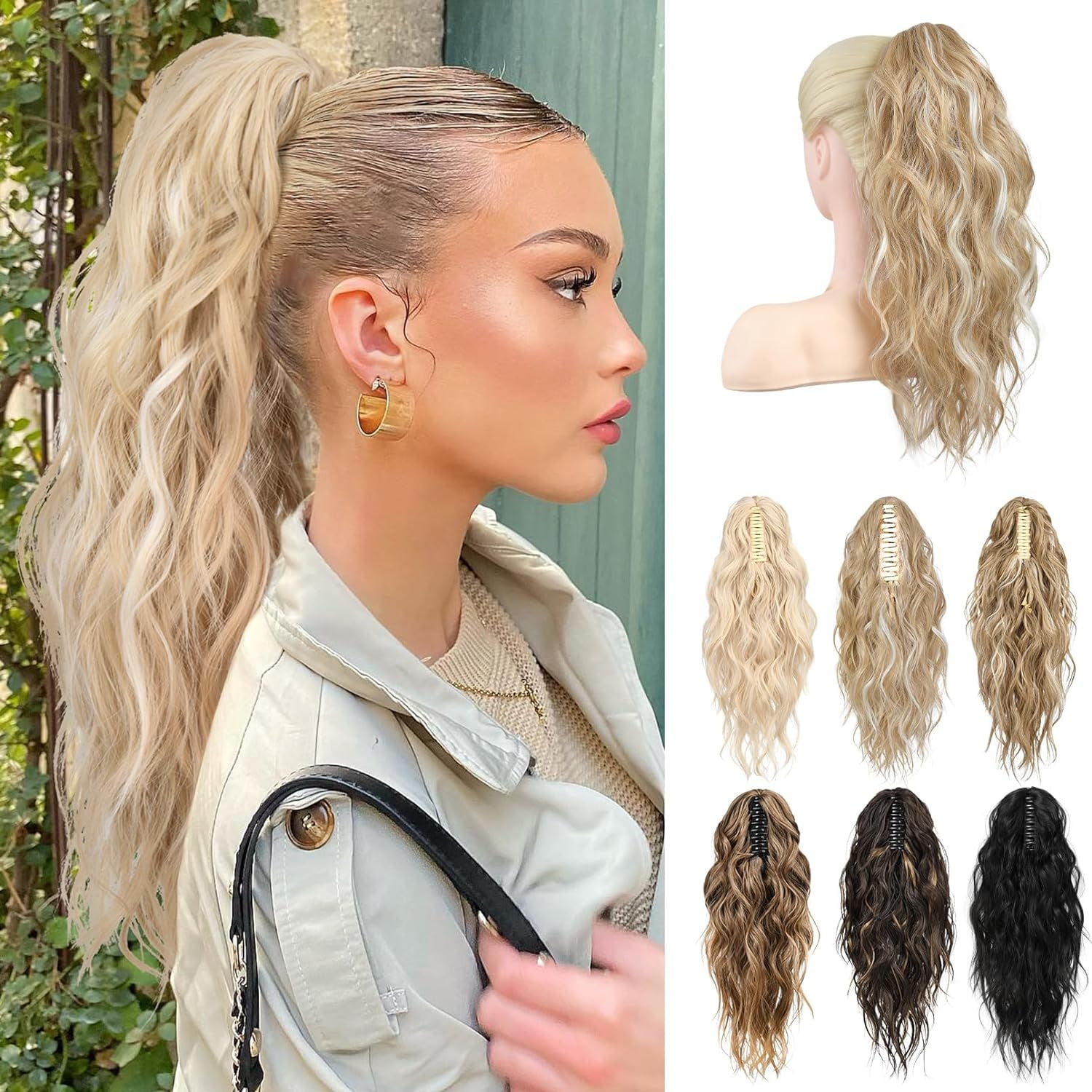 Ponytail Extension, 18" Wavy Claw Clip Ponytail Extensions Shoulder ...