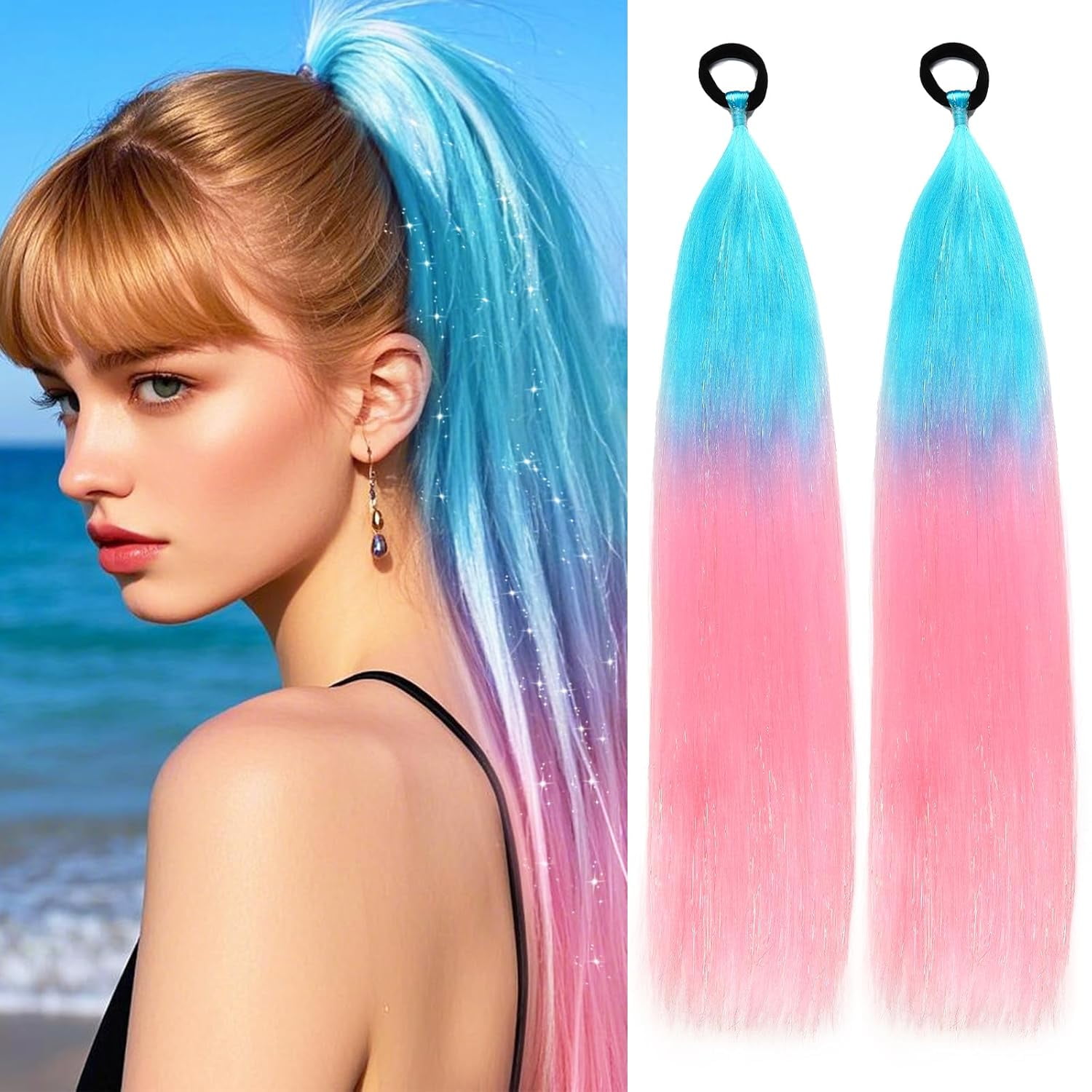 Ponytail Extension 18 inch Light Blue to Pink Colored Hair Extensions ...