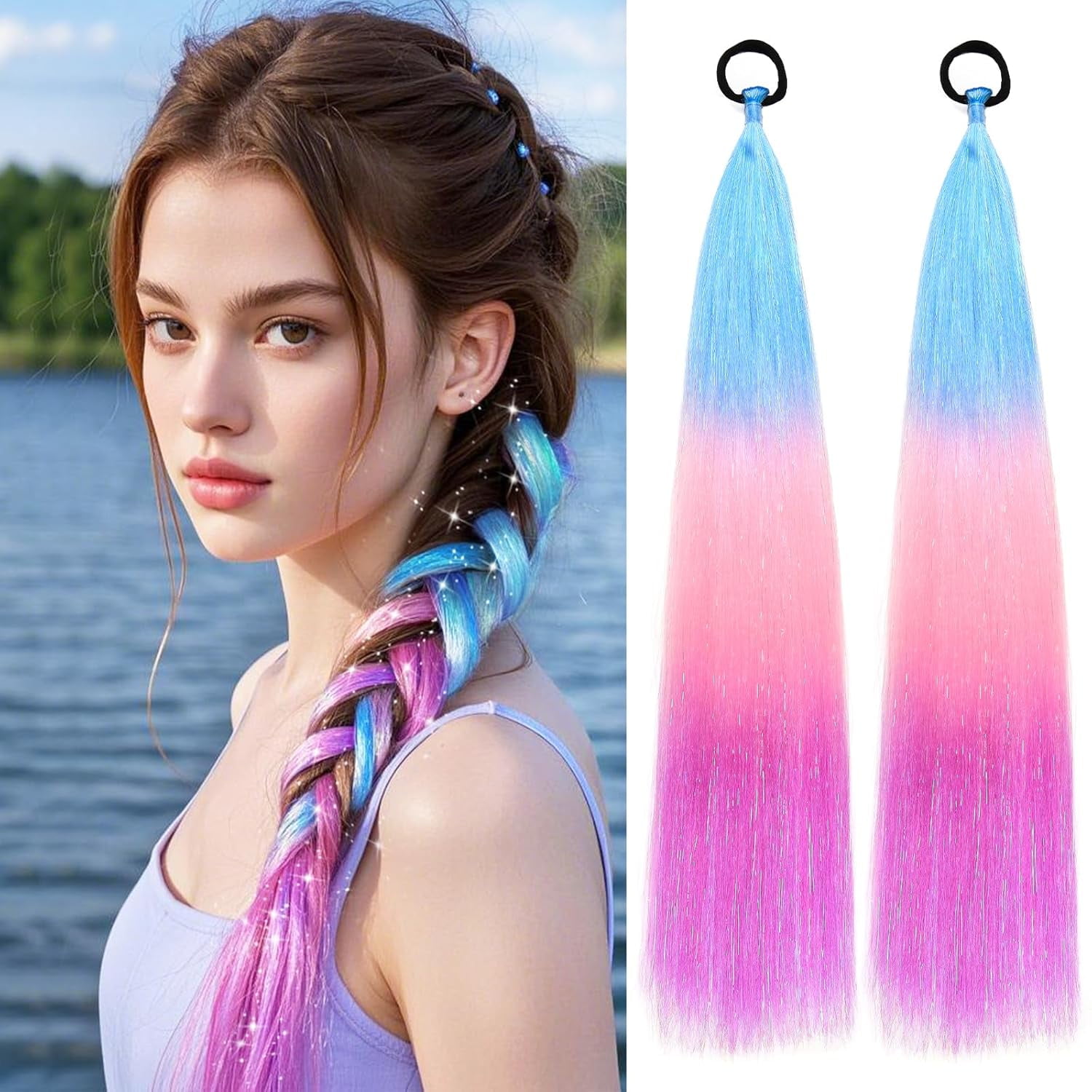 Ponytail Extension 18 inch Light Blue to Pink to Purple Colored Hair ...