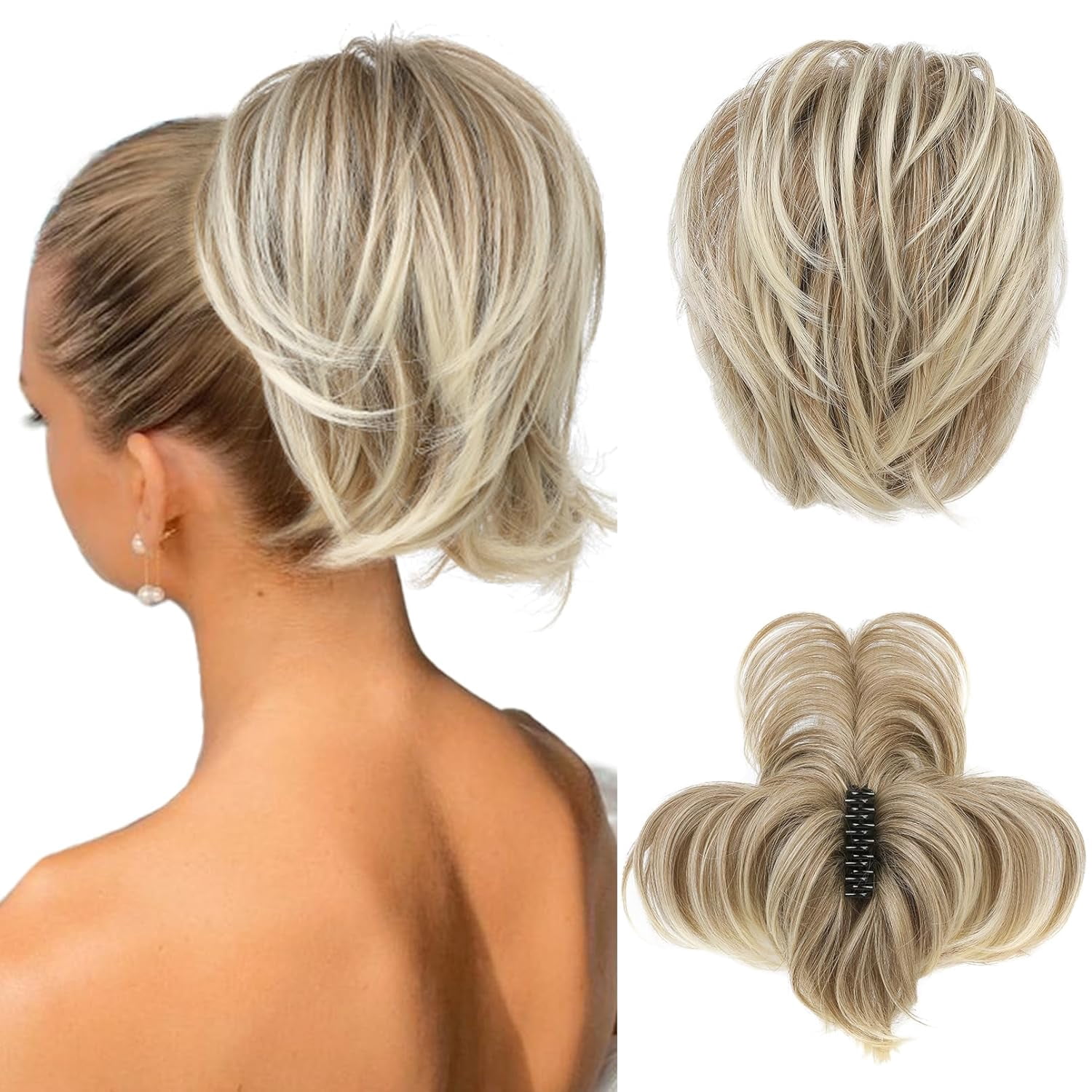Ponytail Extension, Claw Clip in Straight Messy Hair Bun 9 Inch Short ...