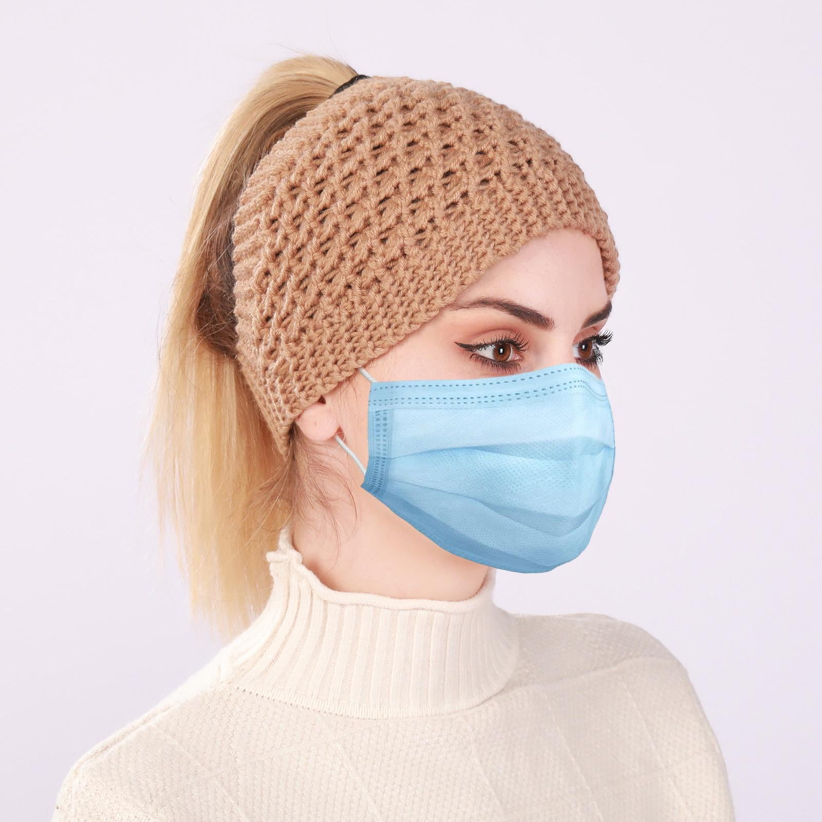 Ponytail Messy Bun Beanie Knit Cap for Widened Headband Ear Protection ...