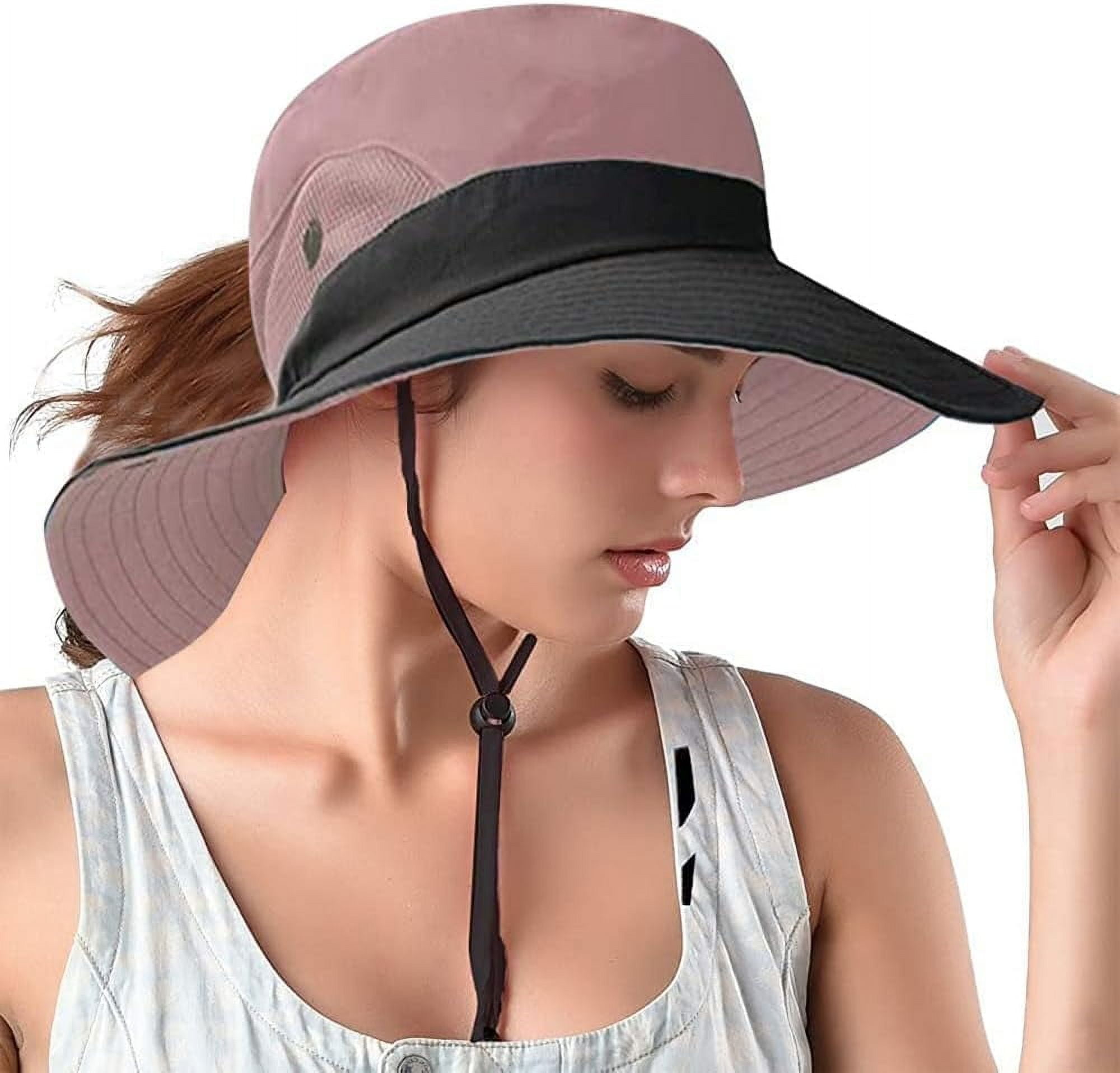 Ponytail Sun Bucket Hats for Women UV Protection Foldable Mesh Wide Brim Hiking Beach Fishing ...