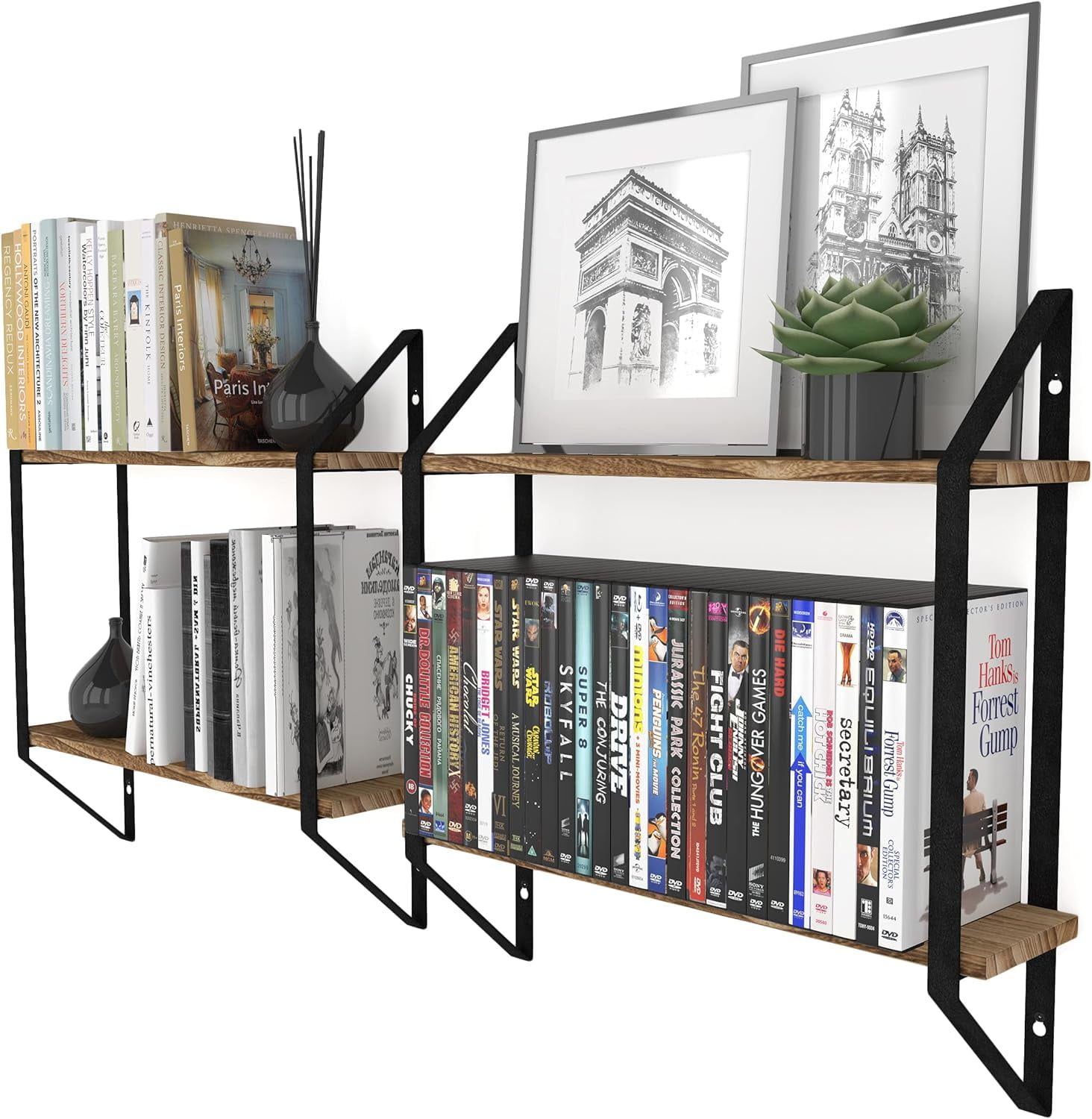 Ponza Floating Bookshelf and CD DVD Storage Shelf Set of 2, 2-Tier Rustic Wood Wall Shelves for ...