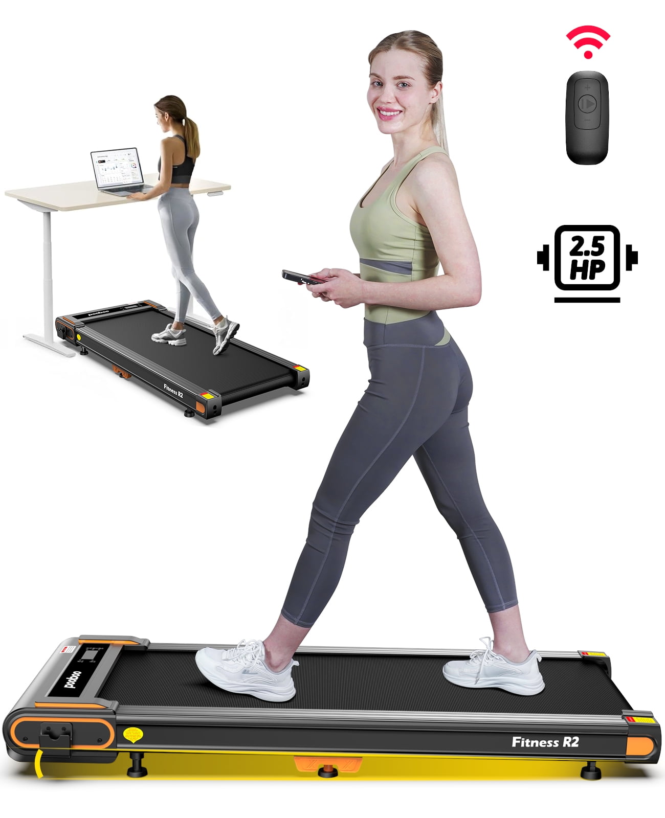 Pooboo 2.5HP Under Desk Folding Treadmill, 2-in-1 Walking Pad, Jogging ...