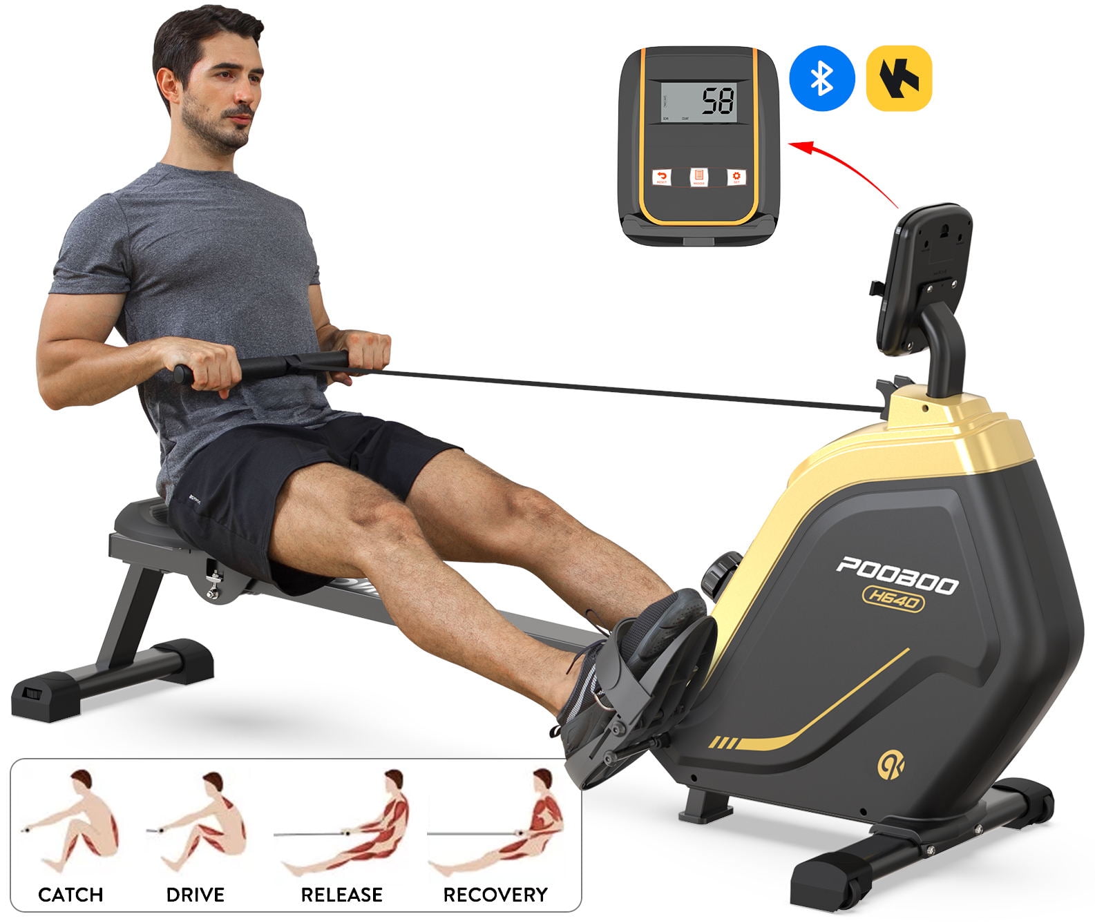 Pooboo Row Machine Magnetic Rowing Machine Indoor Foldable Rower with 16 Level Adjustable Quiet ...