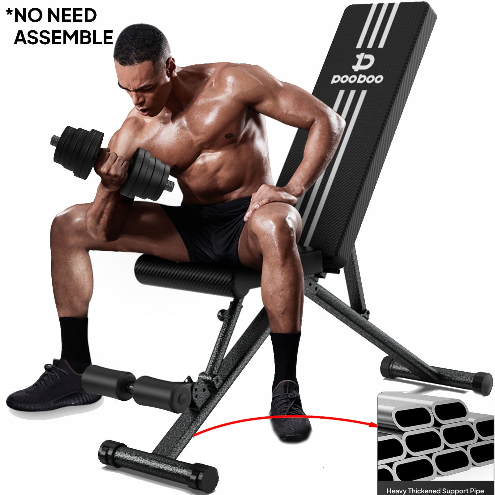 Pooboo Sturdy Foldable Weight Bench Adjustable Incline Strength Training Bench for Full Body ...