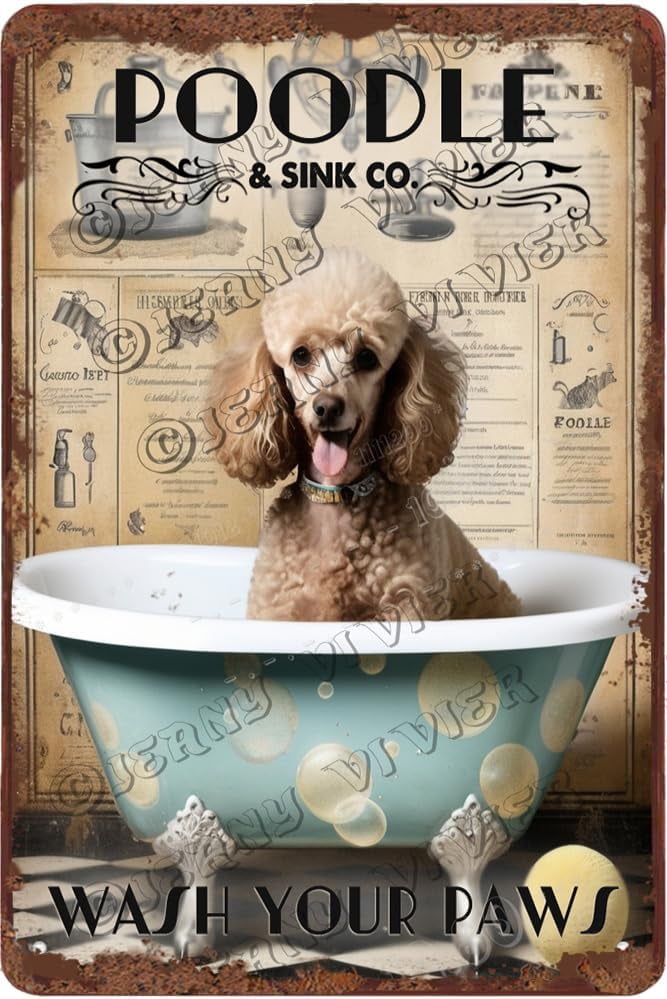 Poodle Decor Wash Your Paws Dog Art Retro Aluminum Sign 12x8 IN Metal ...