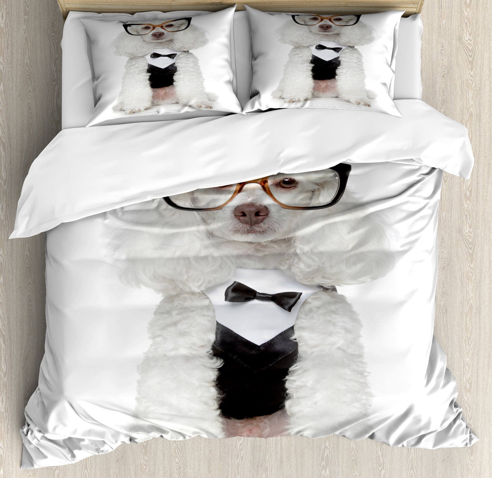Poodle Duvet Cover Set, Groomed Doggie in a Tuxedo and Glasses Sitting ...
