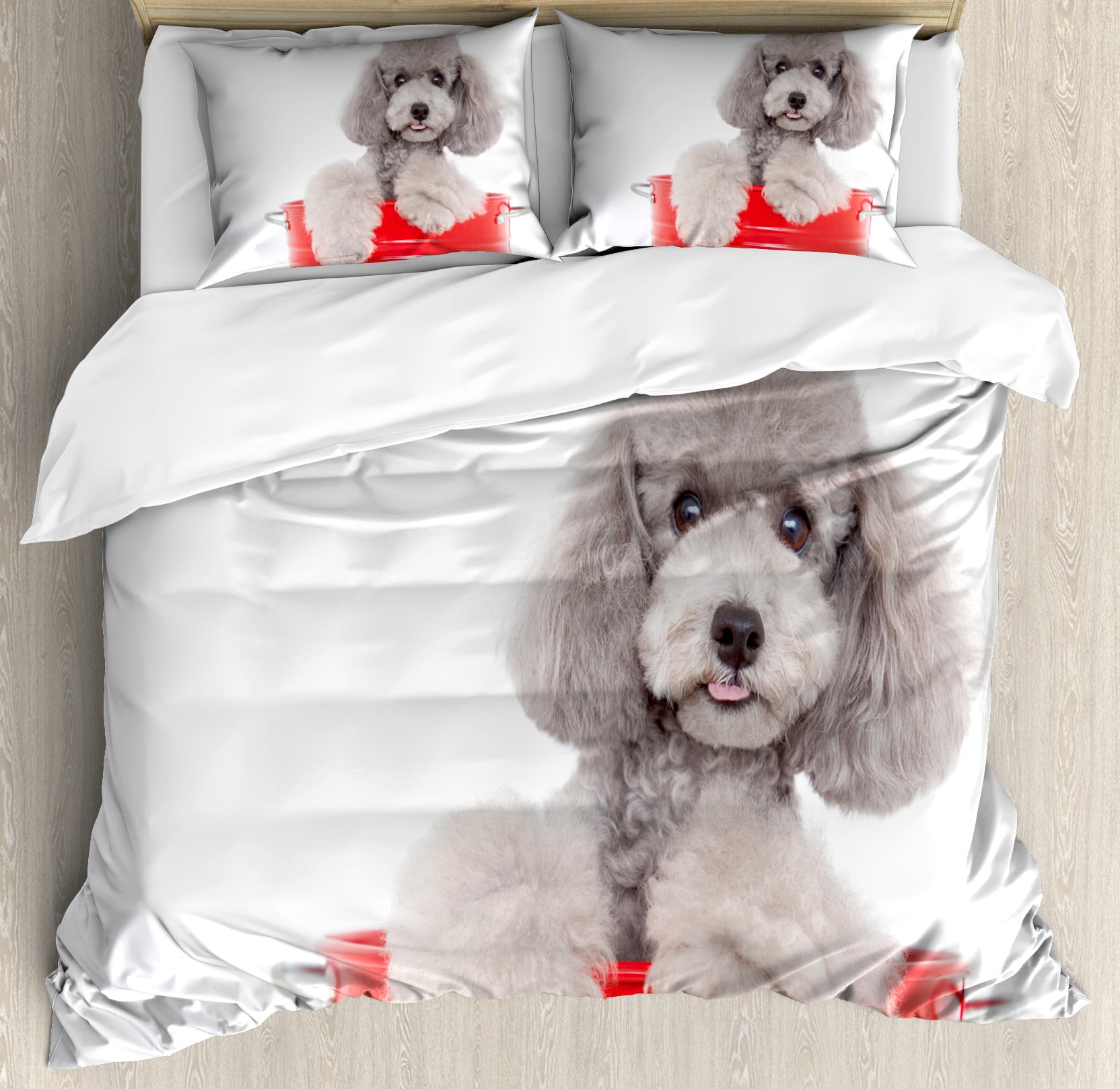 Poodle Duvet Cover Set Queen Size, Pet Animal in a Bucket Posing Puppy ...