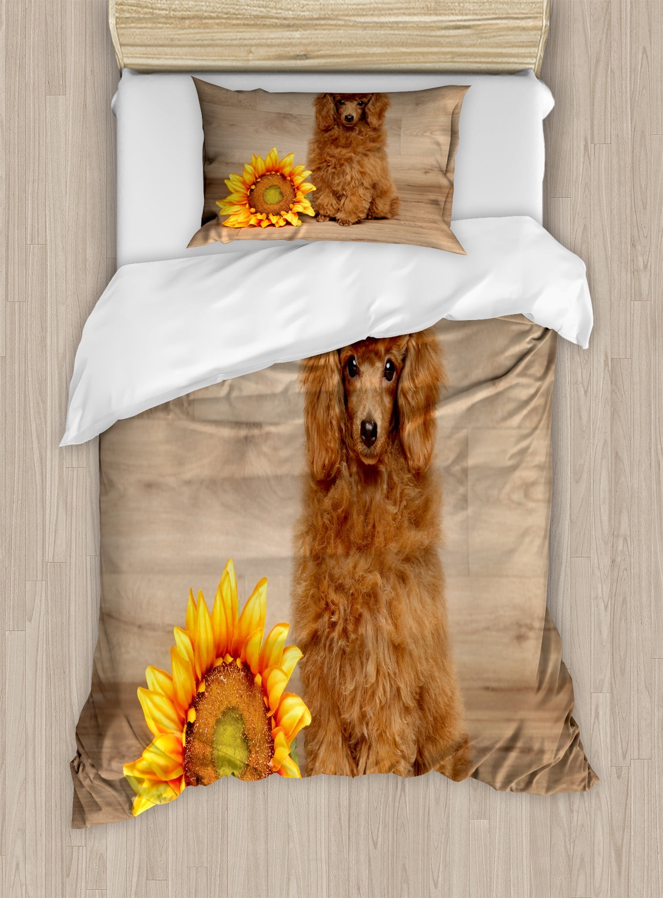 Poodle Duvet Cover Set, Sunflower and Dog on a Wooden Background ...