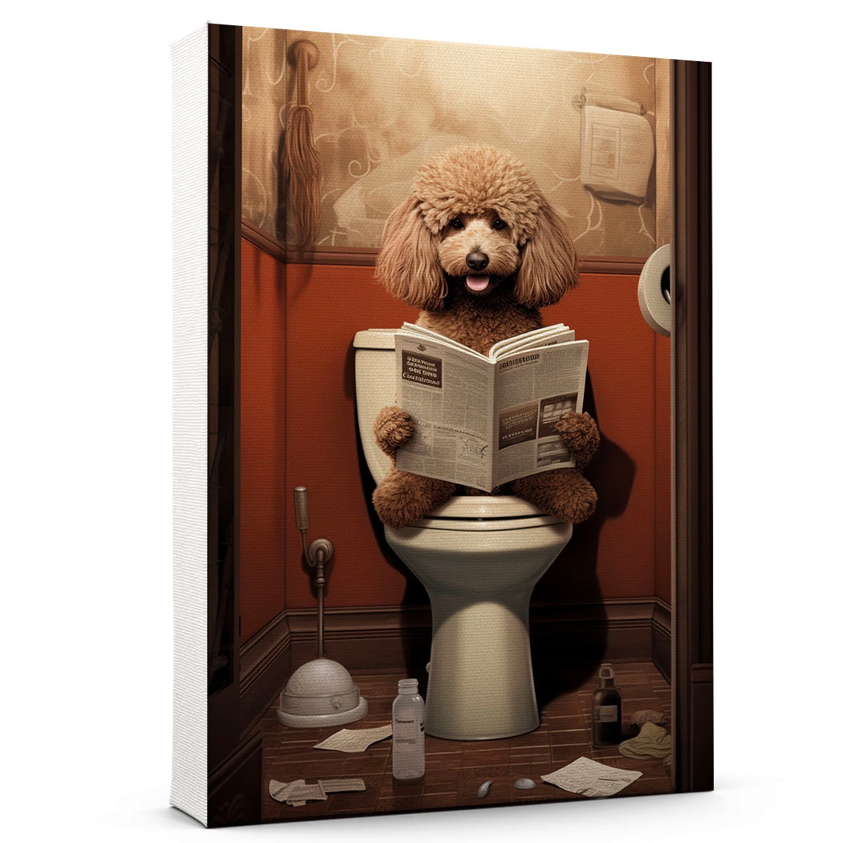 Poodle Gift Wall Art, Cute Dog Sitting on The Toilet Reading a ...