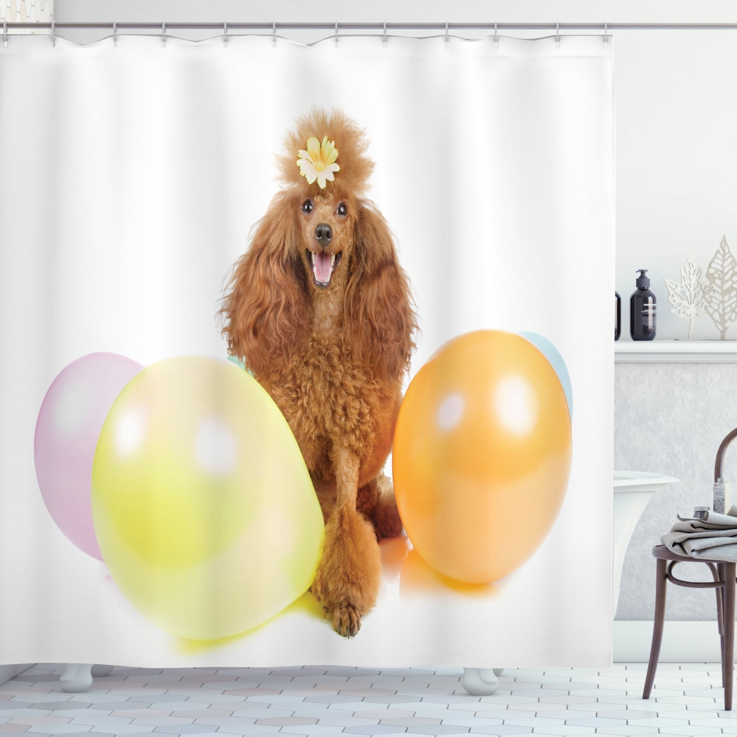 Poodle Shower Curtain, Partying with Dog a Flower on Head Colorful ...