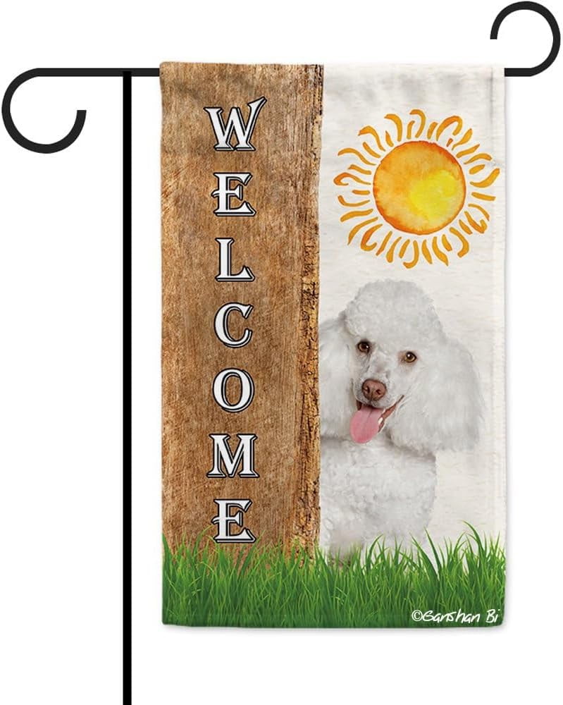 Poodle Spring Summer Welcome Garden Flag Dog Hides Behind a Tree Sun ...