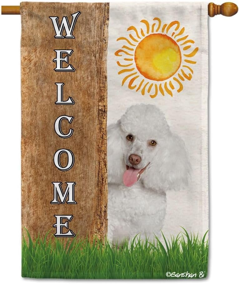 Poodle Spring Summer Welcome House Flag Dog Hides Behind a Tree Sun ...