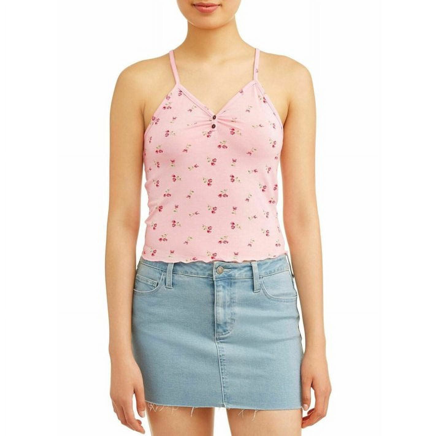 Poof! Tank Juniors' Size L Pink Combo Cherry Print Frill Edge Soft ...