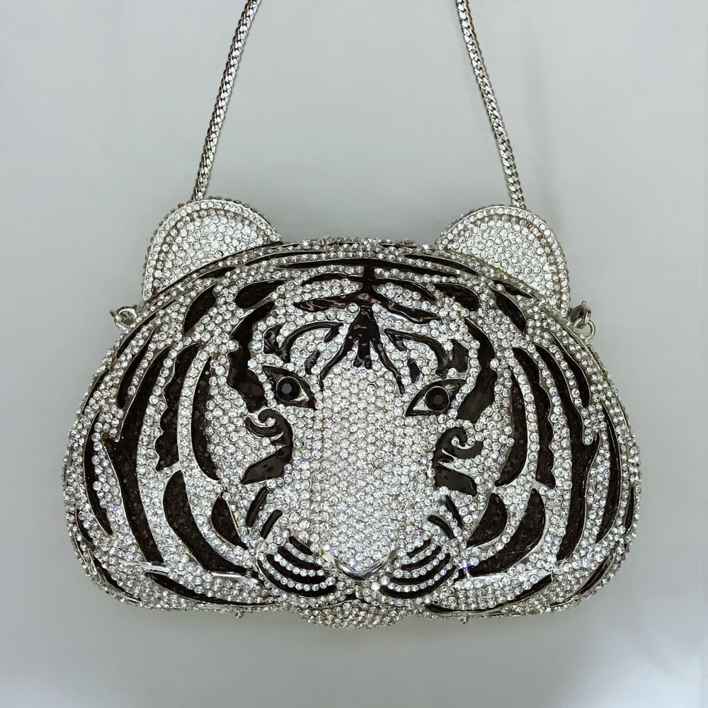 Pooflower Animal Purse Tiger Face Diamond Hollow Out Clutch Bag Women ...