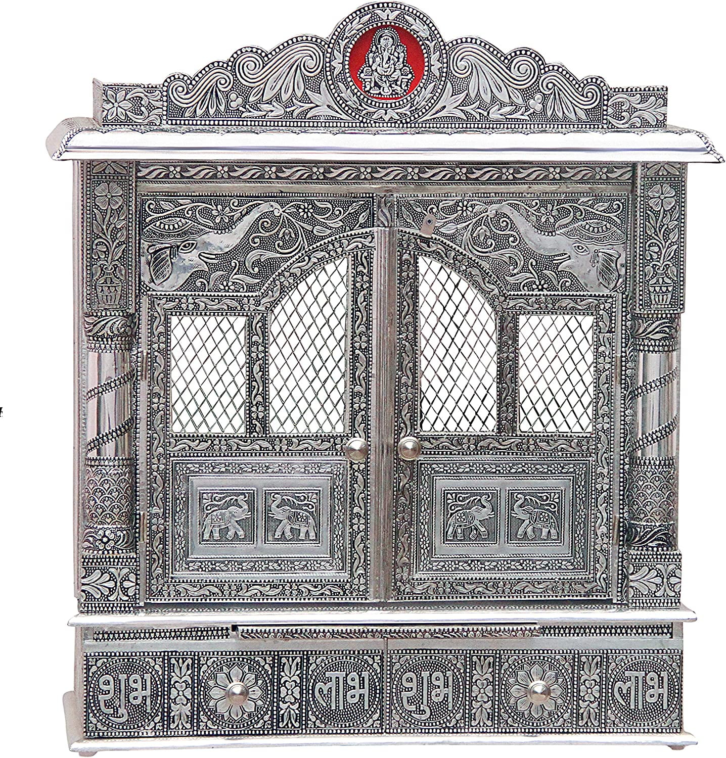 Pooja Bazar Silver Mandir for Home - White Oxidized - with Door, Medium ...