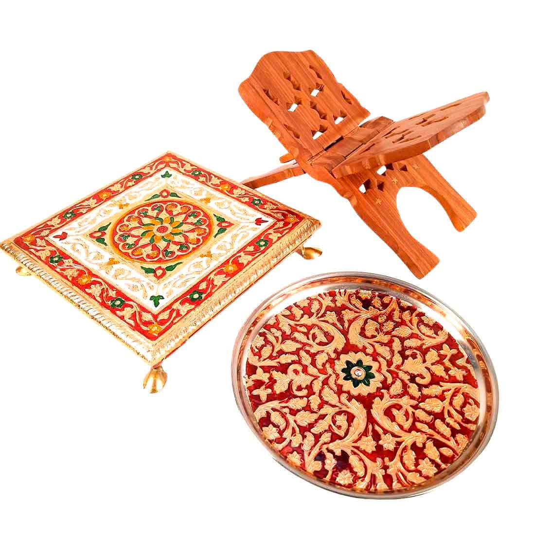 Pooja Chowki, Pooja Thali & Holy Book Holder Set -Prayer Accessories ...
