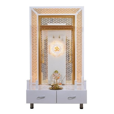 Devyom Designer Modern Pooja Mandir White Wooden Wall Hanging and Table ...