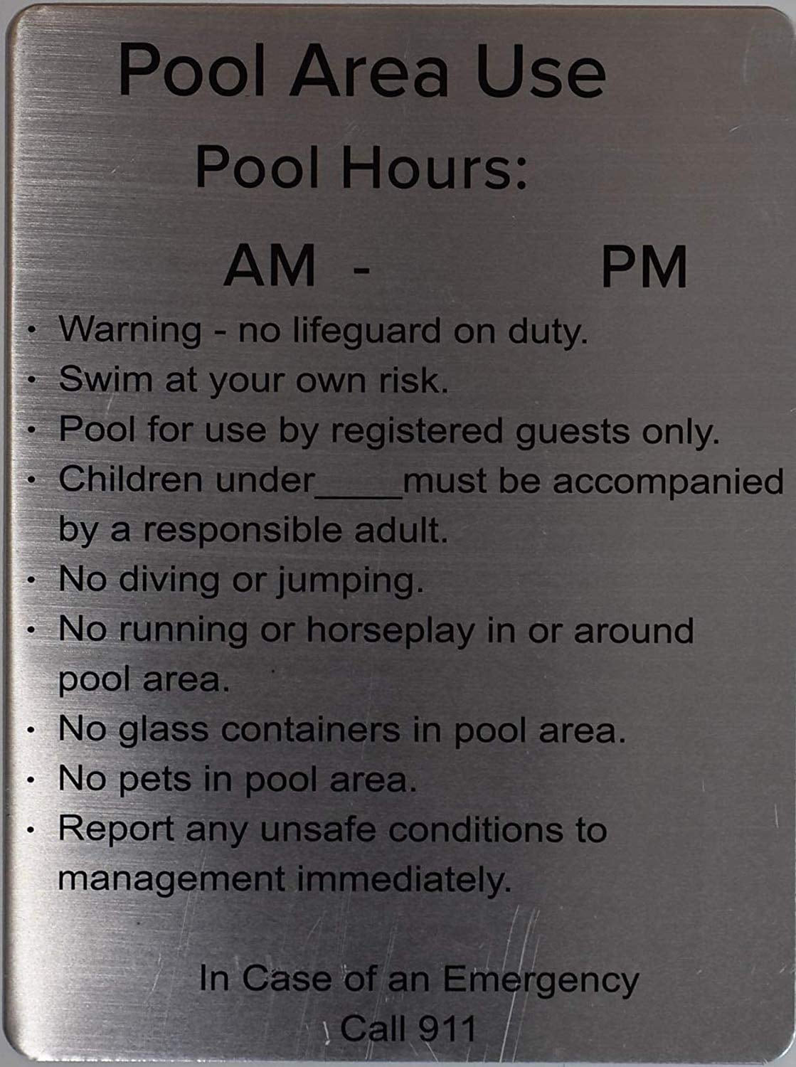 Pool Area use- Pool Hours Sign (Silver, Rust Free Aluminium 9x12, with ...