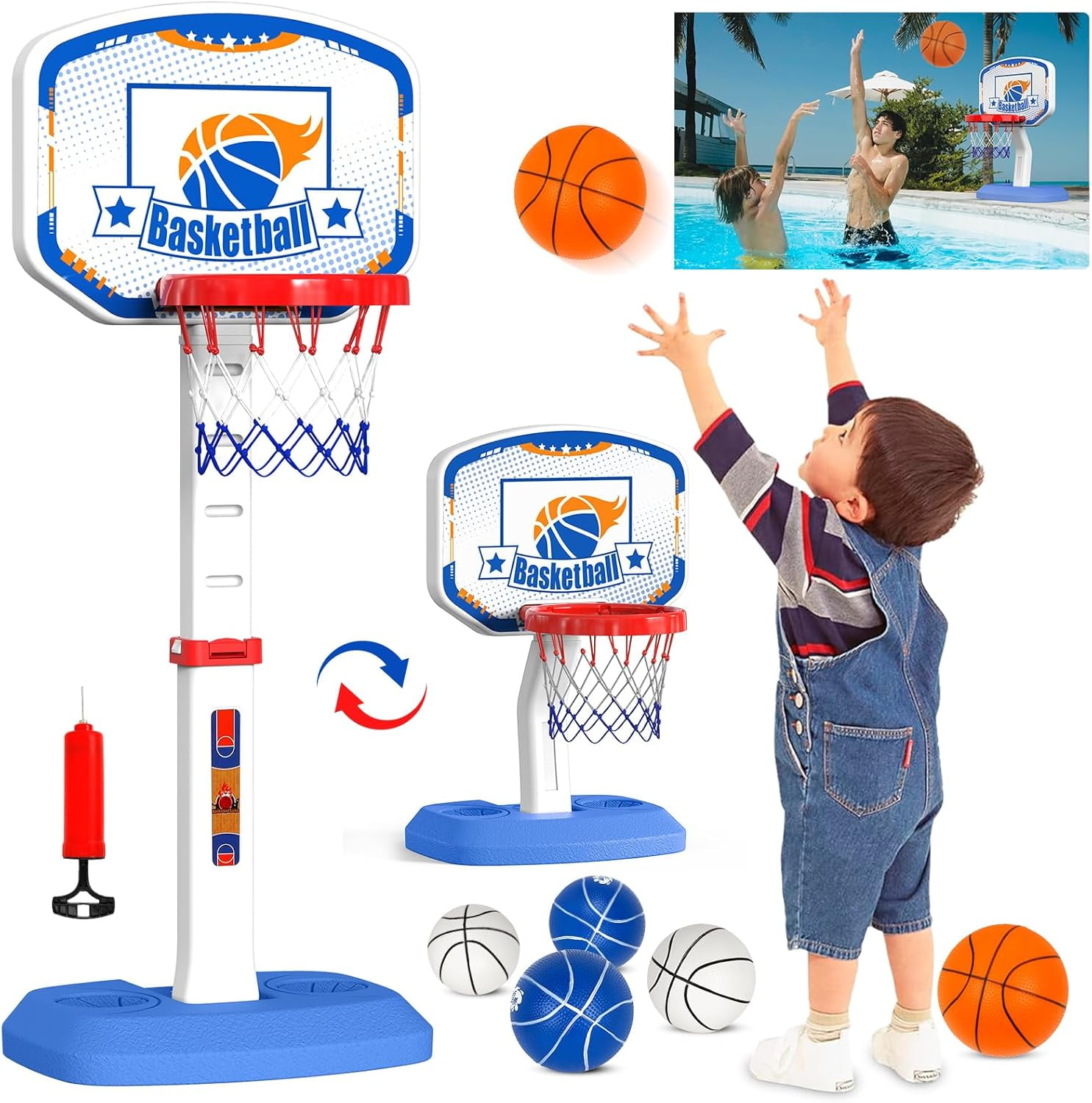 Pool Basketball Hoop for Kids Ages 3-8, Adjustable Height Poolside ...
