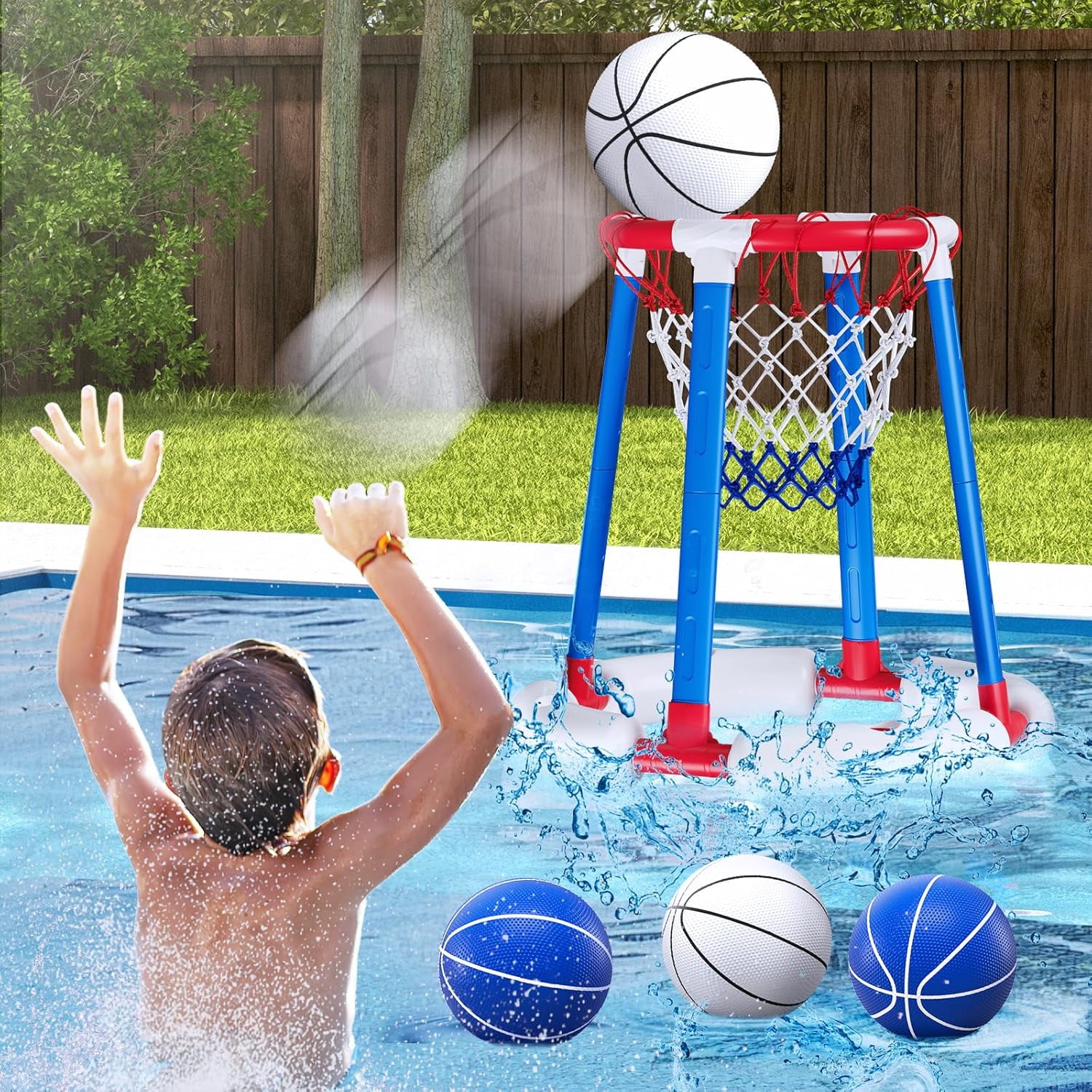 Pool Basketball Hoop Poolside with Backboard, Floating Pool Toys with 4 ...