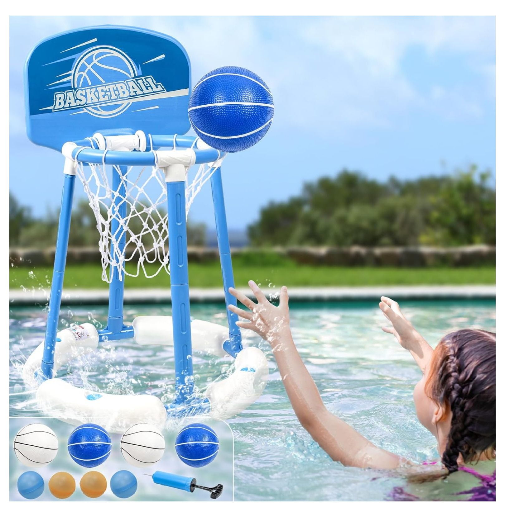 Pool Basketball Hoop Poolside, Floating Basketball Hoop for Pool with 4 ...