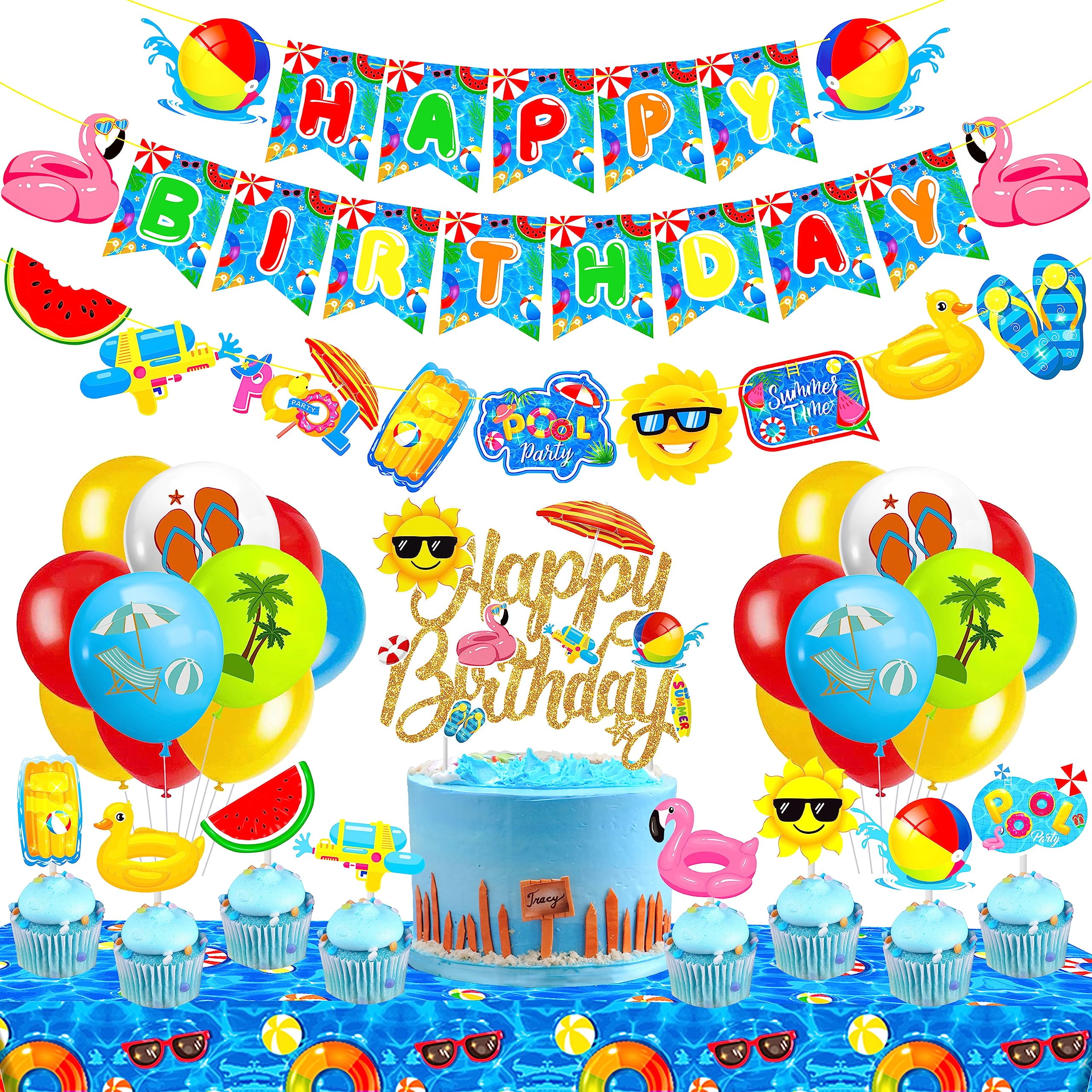 Pool Birthday Party FEV6 Decorations Set Swimming Pool Happy Birthday ...