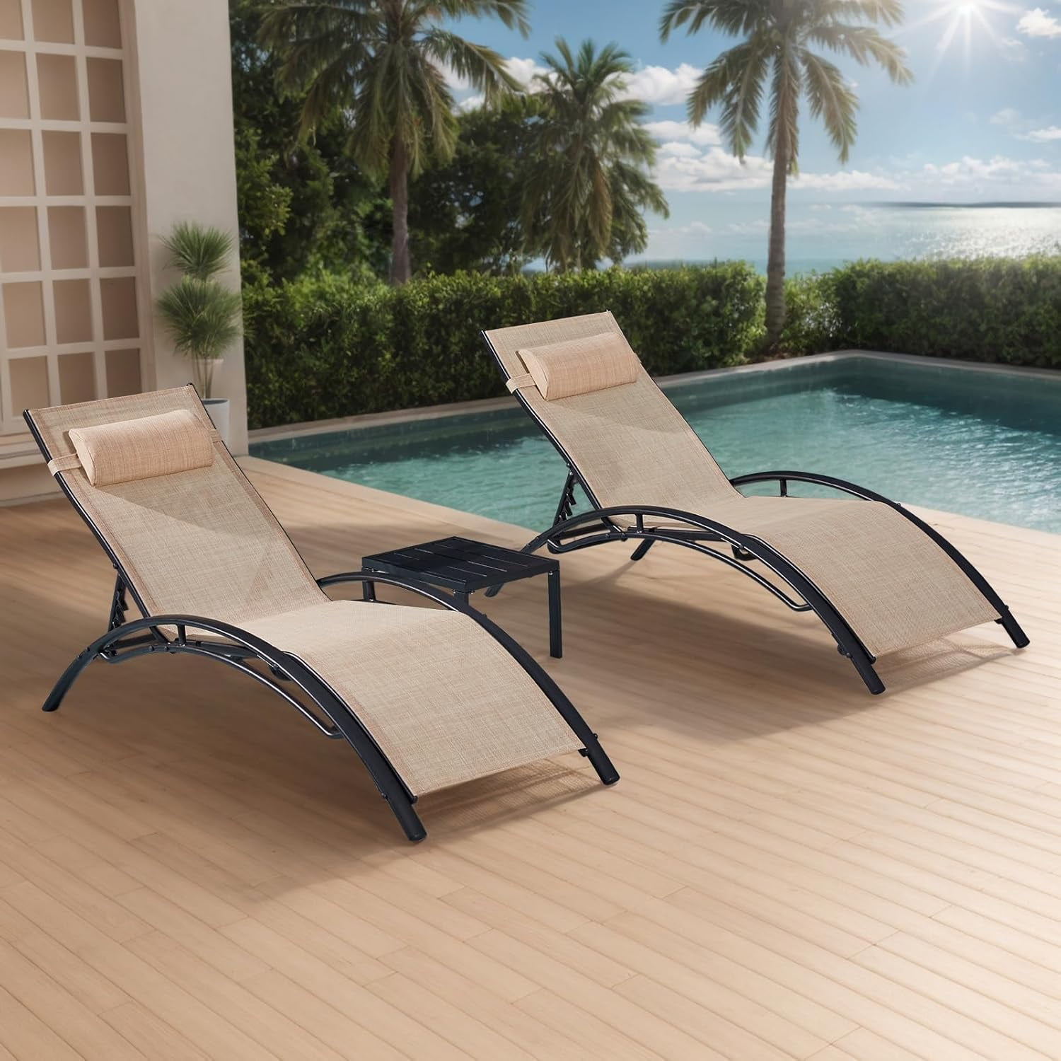 Pool Chaise Lounge Chairs, Patio Chaise Lounge Set of 3 with Pillow ...